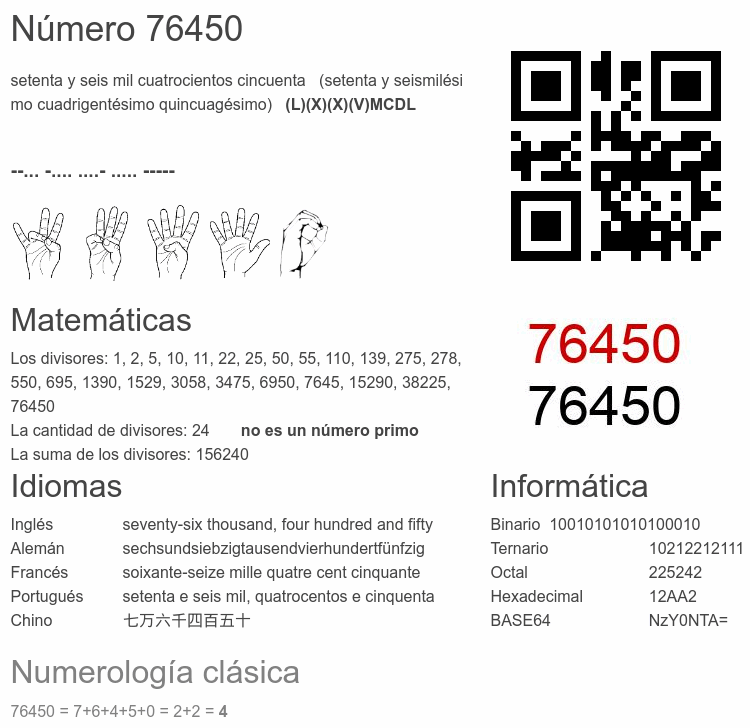 76450 número, significado y propiedades - numero.wiki