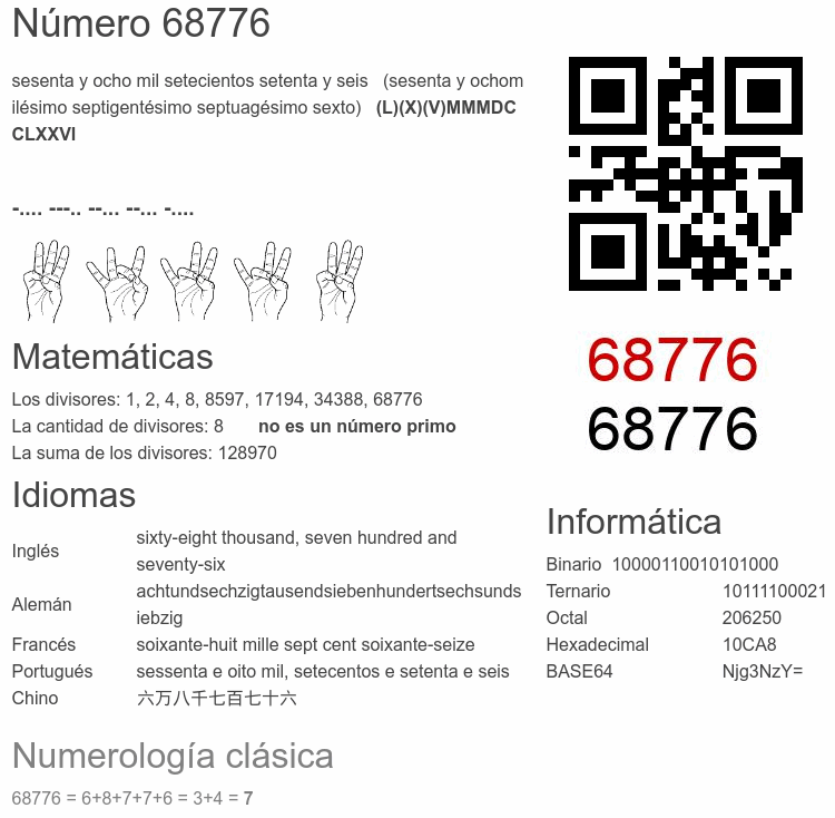 68776 número, significado y propiedades - Numero.wiki